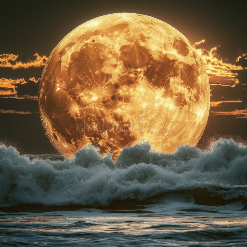 The Ocean is Set Ablaze by a Dramatic Sunset, with a Crescent Moon and ...