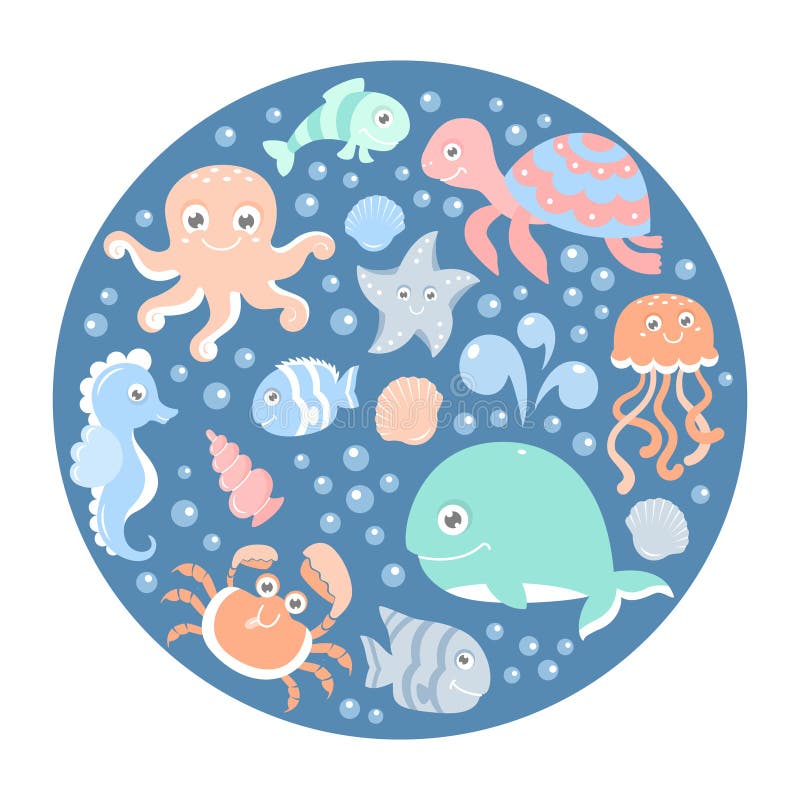 Ocean Set with Cute Sea Animals on a Round Blue Card Stock Vector ...