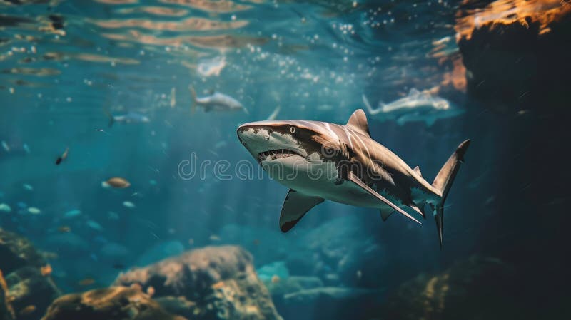Ocean Shark Bottom View from Below. Underwater Blue Sea Clear Water ...