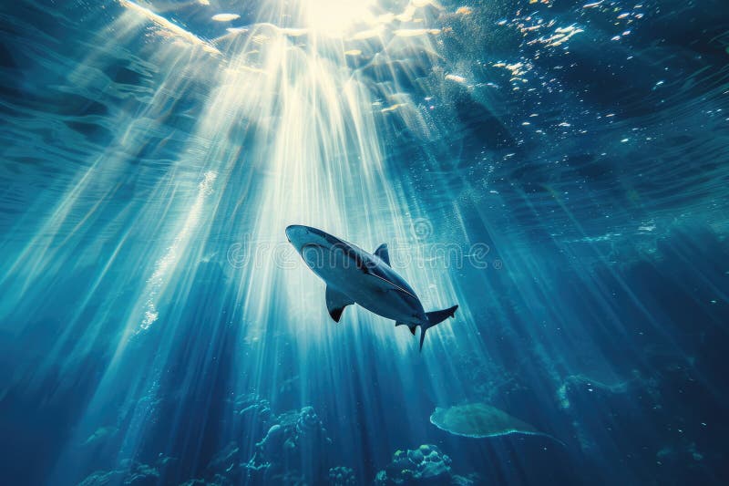 Ocean Shark Bottom View from Below. Underwater Blue Sea, Clear Water ...