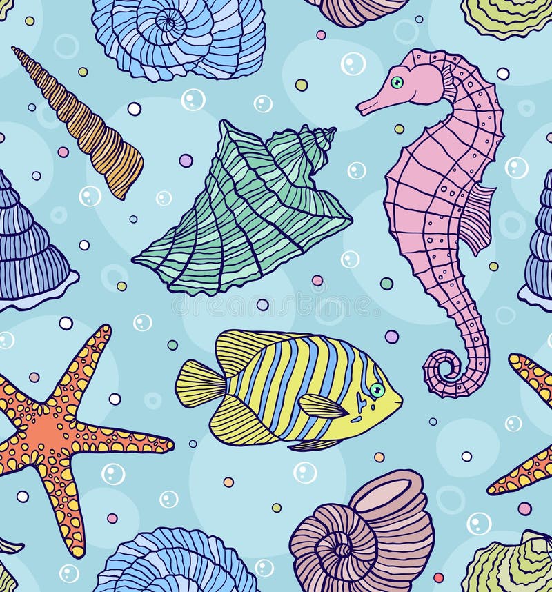 Seamless Pattern with Seashells Stock Vector - Illustration of ribbed ...