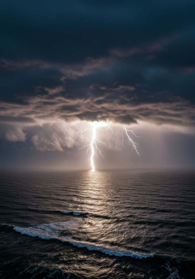 Ocean Storm with Dramatic Lightning Strike Stock Illustration ...