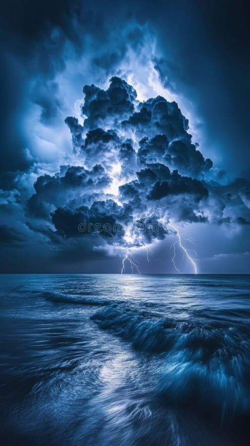 Ocean Storm with Lightning Strike, Dramatic Seascape. Power of Nature ...