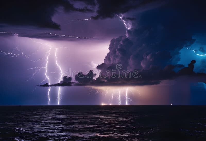 Ocean Storm with Rain and Lightning-Illuminated Ships Stock ...