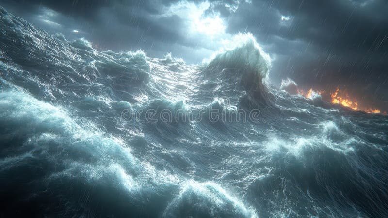 Ocean Storm, Waves, Rain, and Fire Stock Illustration - Illustration of ...