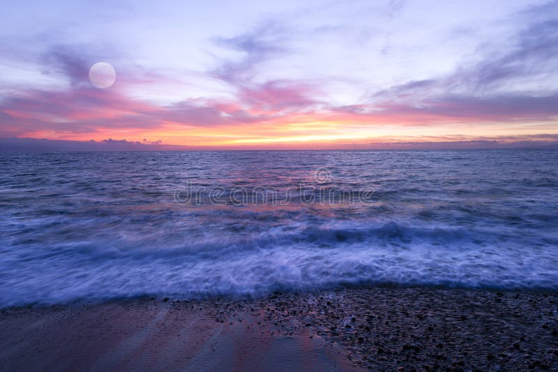 Ocean Sunset Beach Moon Wave Stock Photo - Image of sunny, beauty: 52818542