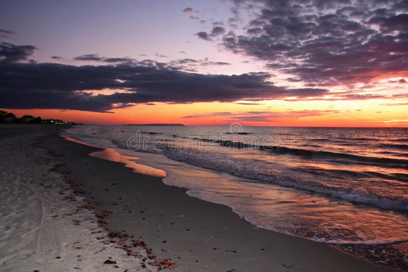 Ocean and Sunset on the Beach at Night Stock Illustration ...