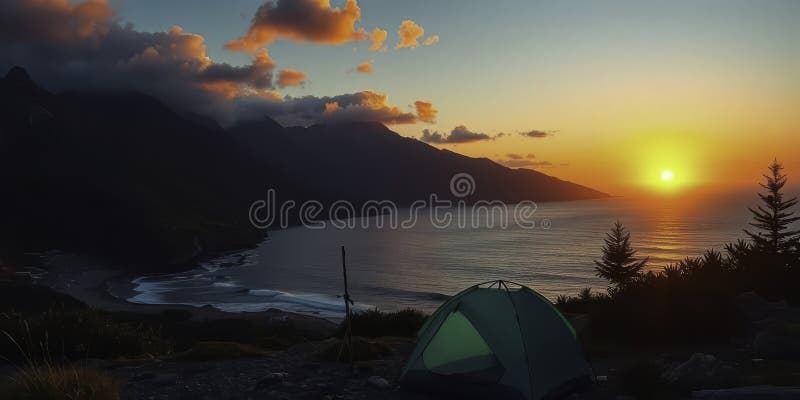 Ocean Sunset Camping Scene, Majestic Mountains Backdrop, Travel, Ocean ...