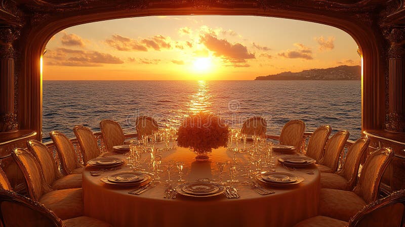 Ocean Sunset Dining; Ornate Table, Coast View, Decor. Event Use Stock ...