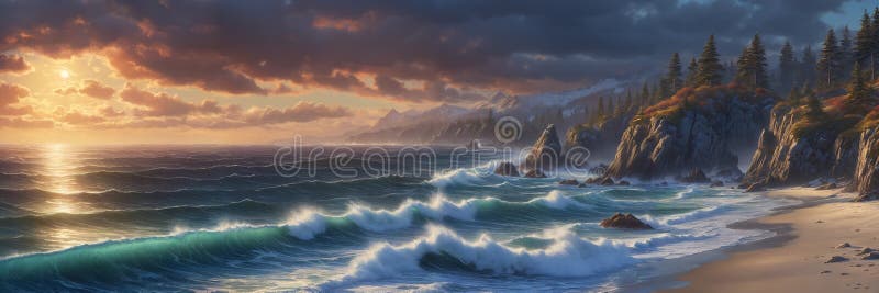 Ocean Sunset with Dramatic Waves Stock Illustration - Illustration of ...