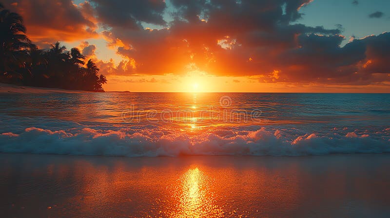 Ocean Sunset Illustration: Tropical Beach Scene Stock Image - Image of ...