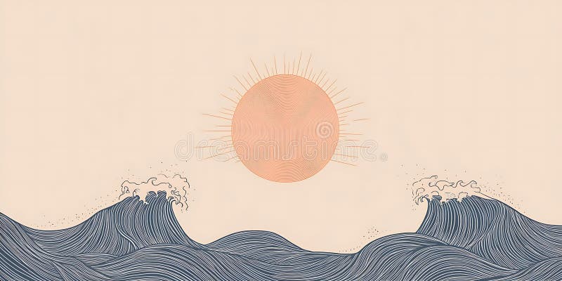 Ocean Sunset Minimalist Wave Sun Art Print Background Wallpaper Stock ...