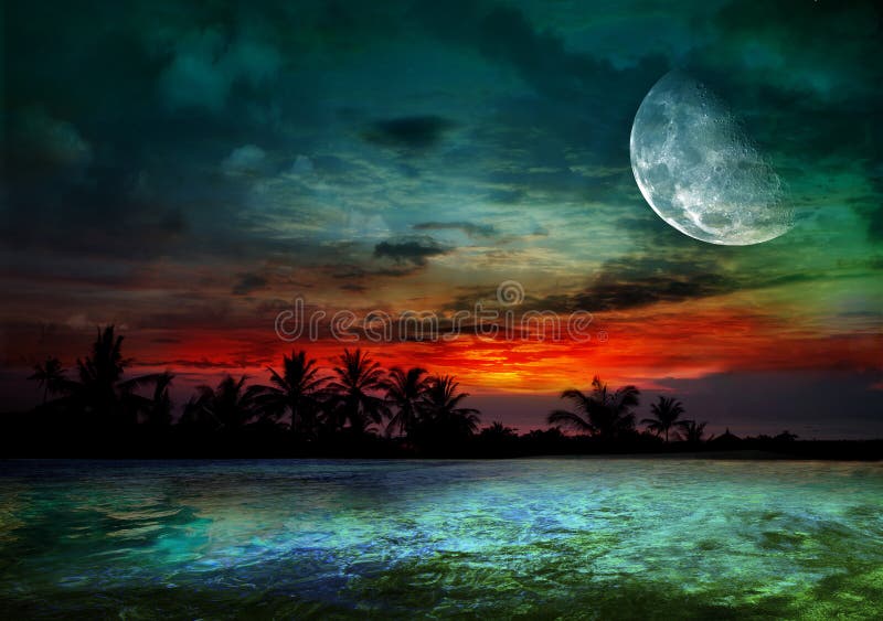 The ocean, sunset and moon stock photo. Image of ocean - 23533564