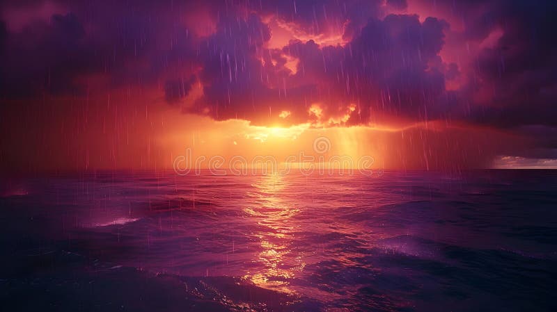 Ocean Sunset Rain: Digital Painting Stock Illustration - Illustration ...