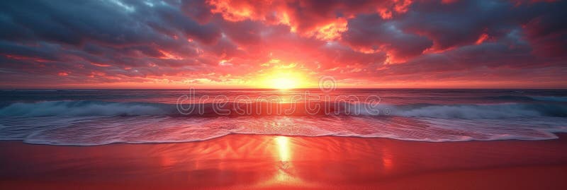 Ocean Sunset with Sea Waves Horizontal Panoramic Banner at Golden Hour ...