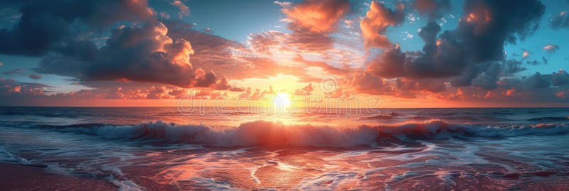 Ocean Sunset with Sea Waves Horizontal Panoramic Banner at Golden Hour ...