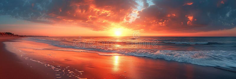 Ocean Sunset with Sea Waves Horizontal Panoramic Banner at Golden Hour ...