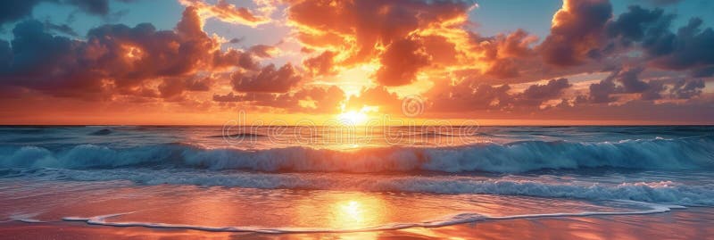 Ocean Sunset with Sea Waves Horizontal Panoramic Banner at Golden Hour ...