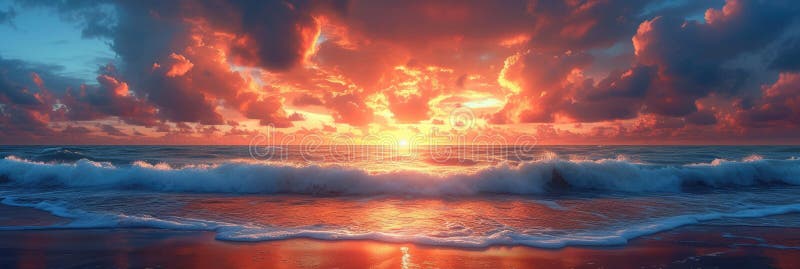 Ocean Sunset with Sea Waves Horizontal Panoramic Banner at Golden Hour ...