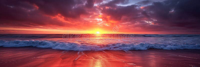 Ocean Sunset with Sea Waves Horizontal Panoramic Banner at Golden Hour ...