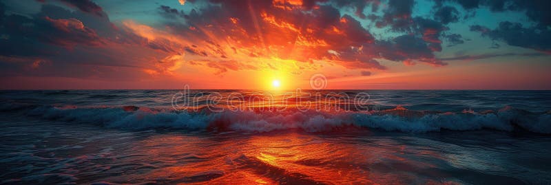 Ocean Sunset with Sea Waves Horizontal Panoramic Banner at Golden Hour ...