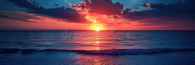Ocean Sunset with Sea Waves Horizontal Panoramic Banner at Golden Hour ...