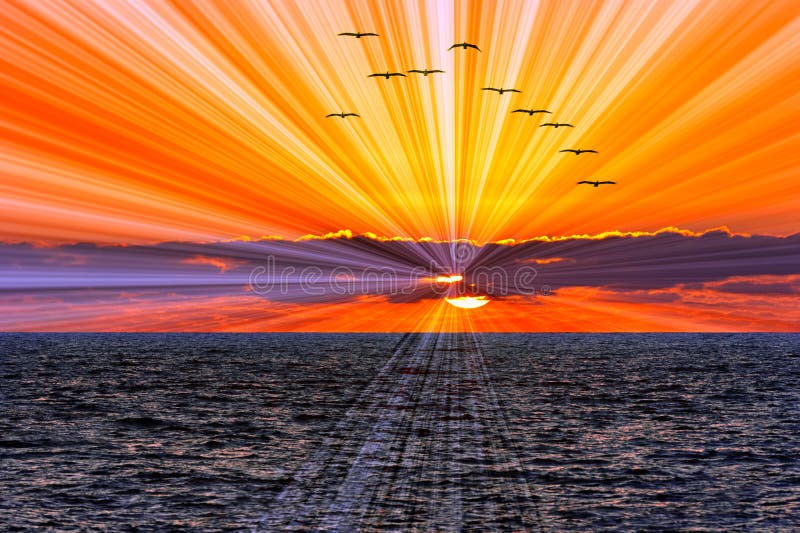 Sunset Sun Rays Ocean Inspirational Stock Image - Image of flying ...