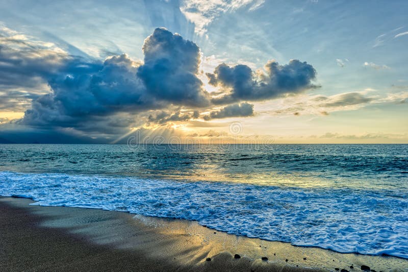 Ocean Sunset Sun Rays Emanating through Inspirational Clouds Stock ...