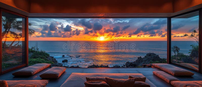 Sunset Ocean View Lounge stock photo. Image of daybed - 388107874