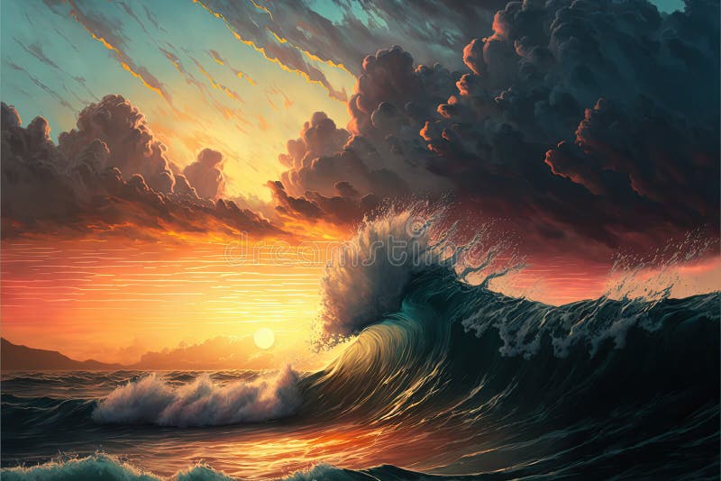 Ocean Surface with Big Waves, Sunset, Generative Ai Stock Illustration ...