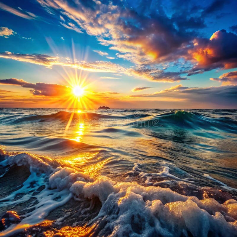 Ocean Textures at Sunset with Sun Flare Stock Illustration ...