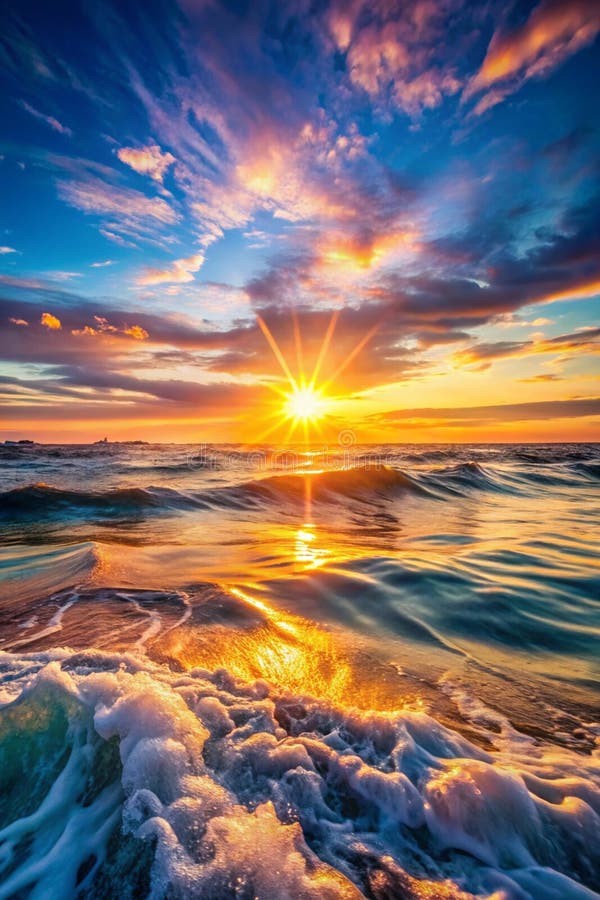Ocean Textures at Sunset with Sun Flare Stock Illustration ...