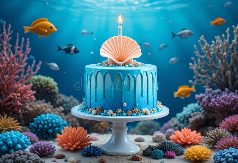 Ocean Themed Birthday Cake with Candle Stock Illustration ...
