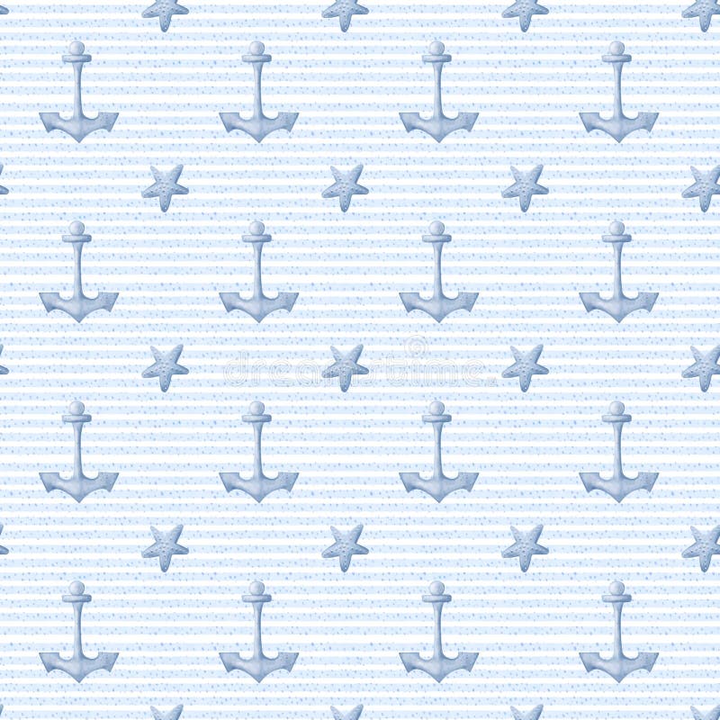 Ocean-themed Seamless Pattern with Anchors and Stars in Soft Baby Blue ...