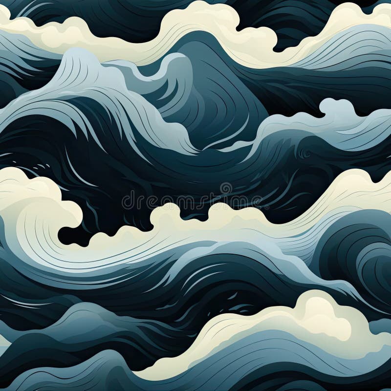 Ocean-themed Seamless Wallpaper with Dark Blue Waves and Clouds (tiled ...