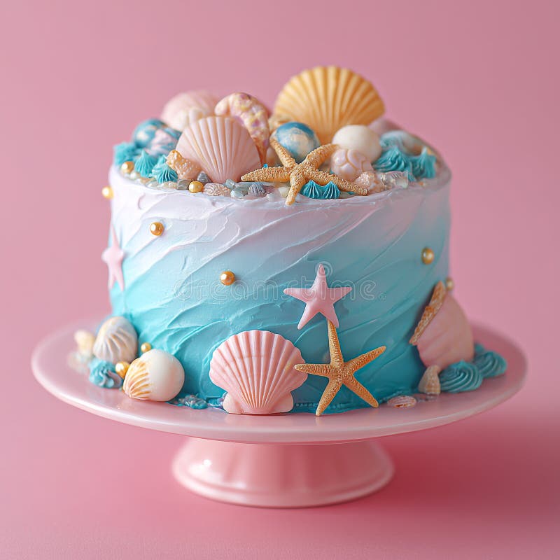 Ocean-Themed Seashell Cake with Starfish Decorations Stock Image ...