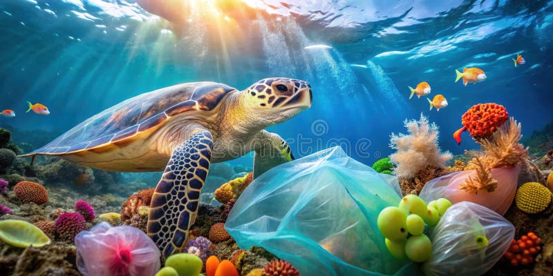 Ocean Turtle Encounters Plastic Pollution in Vibrant Coral Reef Habitat ...