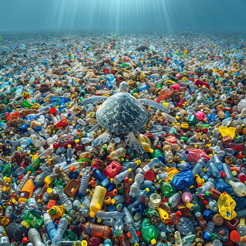 In the Ocean, a Turtle is Perched Atop Plastic Debris Stock Image ...