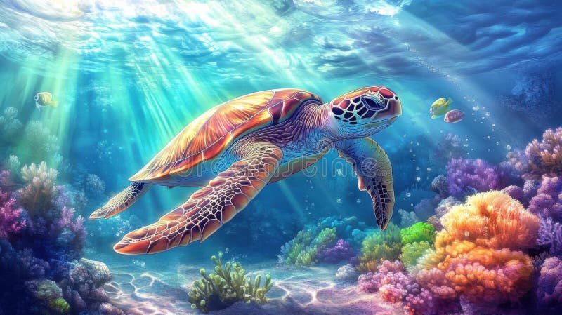 Ocean Turtle in Vibrant Coral Reef Stock Illustration - Illustration of ...