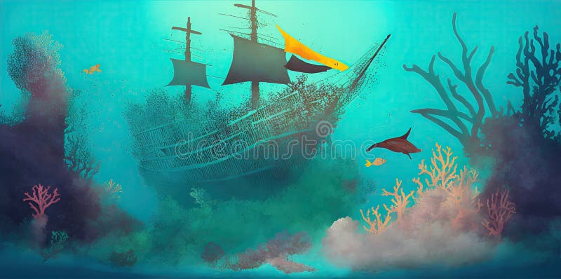 Ocean Underwater World, Sunken Ship. Stock Illustration - Illustration ...