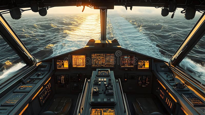 AI-Generated Ship Cockpit at Sunset Stock Illustration - Illustration ...