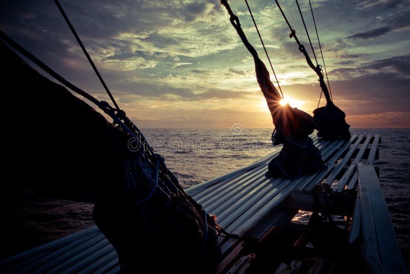 The Ocean View from the Bow of a Sailing Ship on the Beautiful Sunsets ...