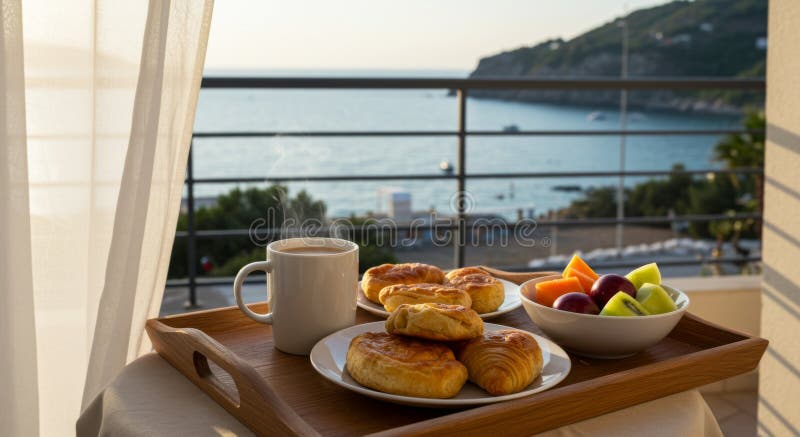 Ocean View Breakfast Tray with Pastries and Fruit Stock Illustration ...