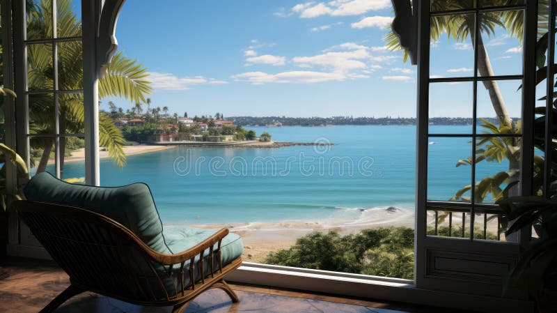 Ocean View from Bungalow Window. Generative AI. Stock Illustration ...