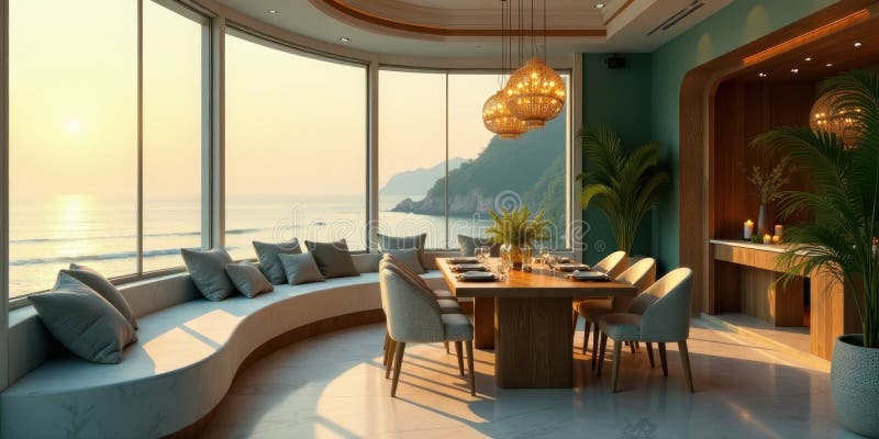 Ocean View Dining Room with Curved Seating and Modern Lighting ...