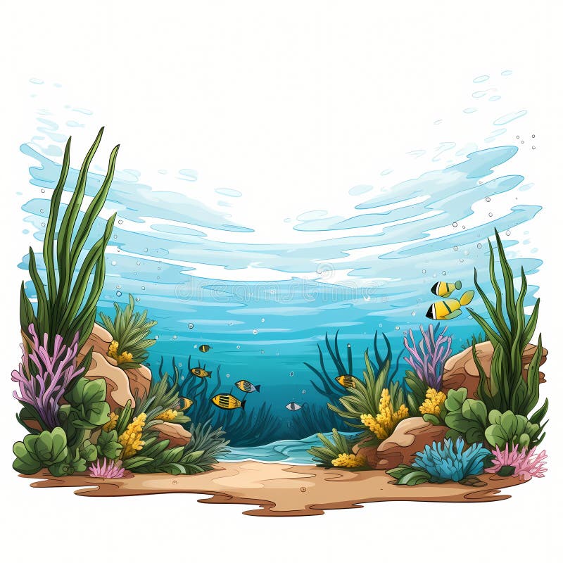 A Ocean View Illustration, a Cartoon of a Seabed with Fish and Plants ...