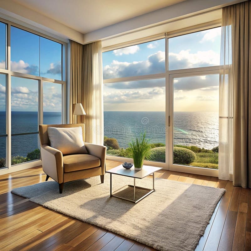 Ocean View Living Room Armchair Coffee Table Large Windows Stock Photos ...