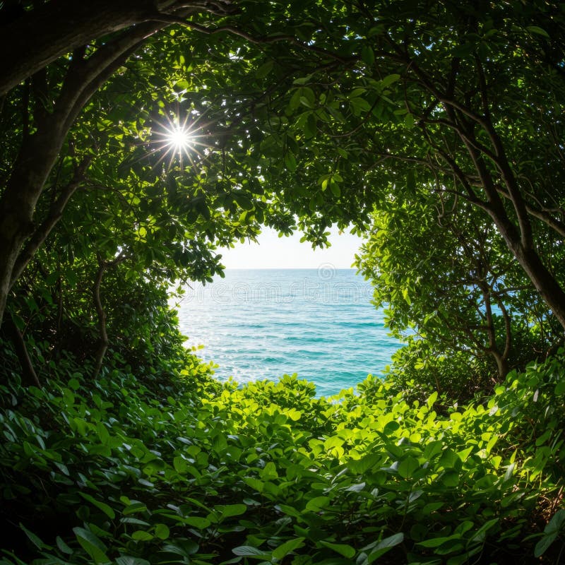 Ocean View through Lush Green Foliage Stock Illustration - Illustration ...