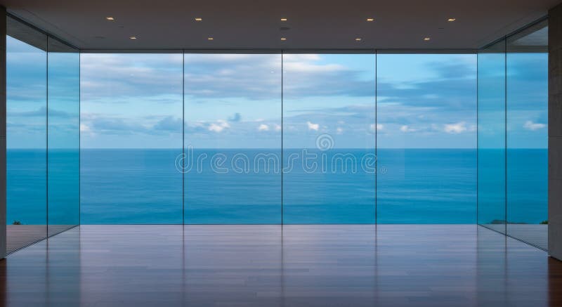 Ocean View from Modern Glass Wall Interior Stock Illustration ...