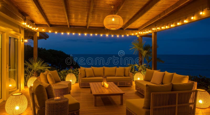 Ocean View Patio at Night with Warm Lighting Stock Illustration ...